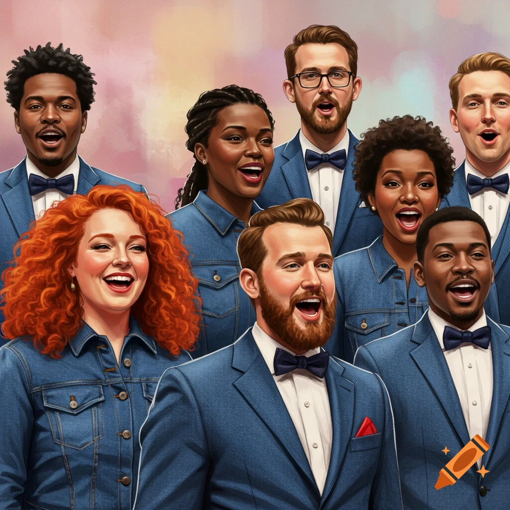 A diverse group of people singing, wearing denim jackets and blue suits ...