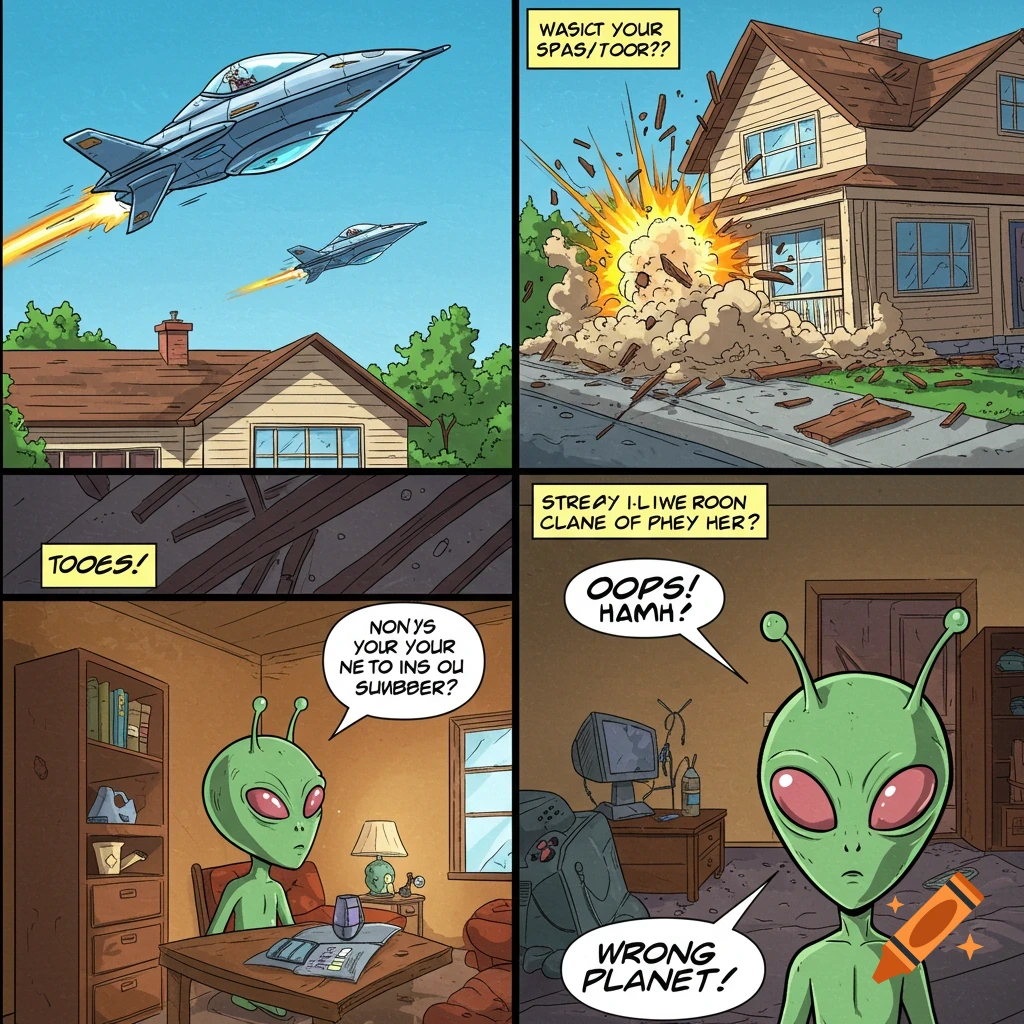 Comic strip of an alien crashing into a house, saying 'oops wrong ...
