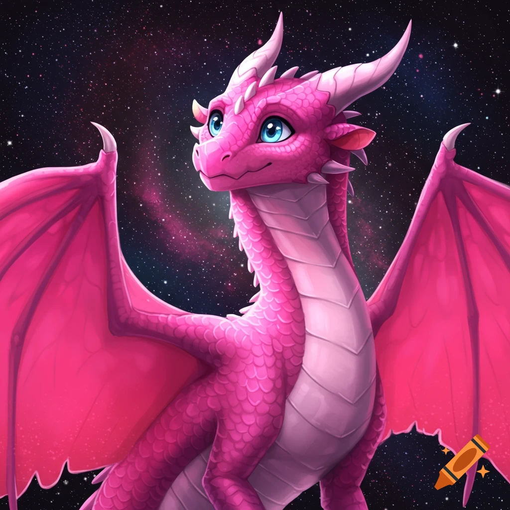 Pink dragon with sparkly baby blue eyes and pink wings on Craiyon