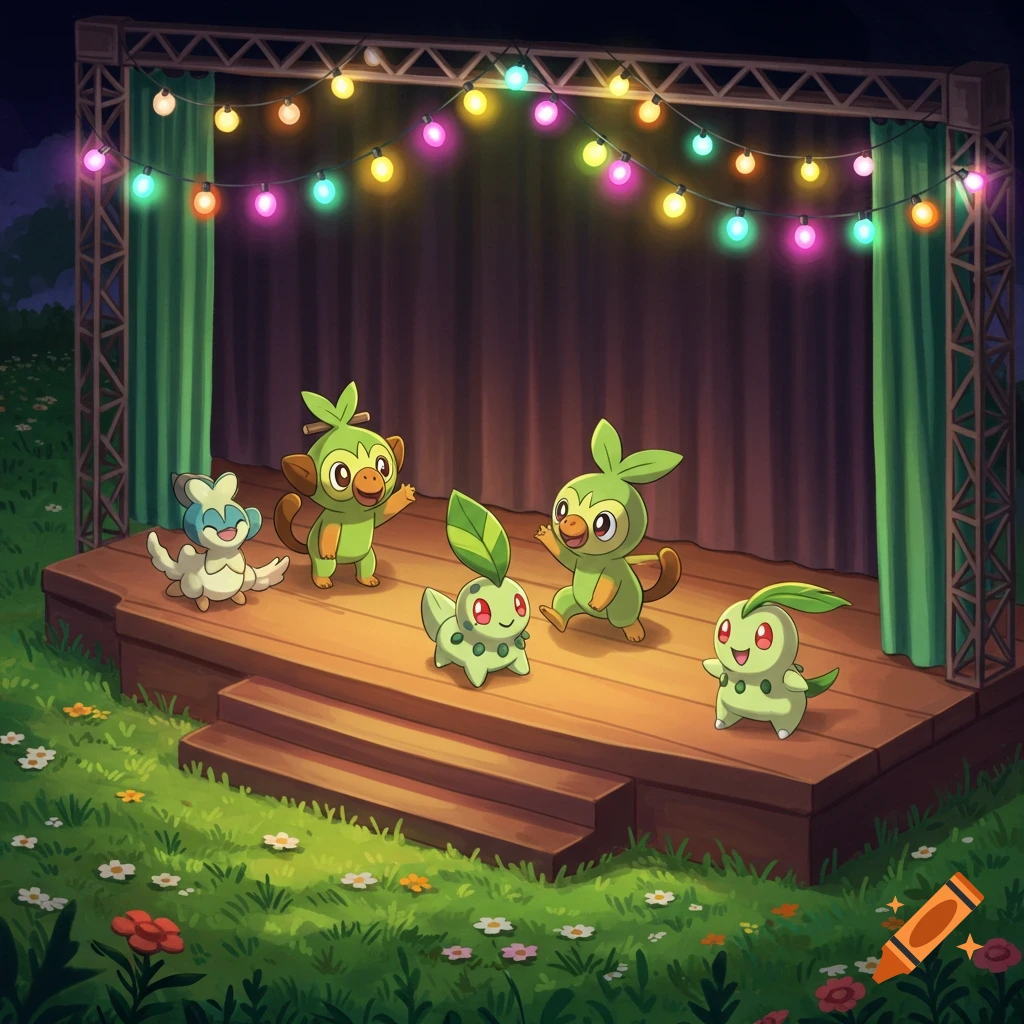 Several cartoon Pokémon characters stand on a wooden stage at night ...