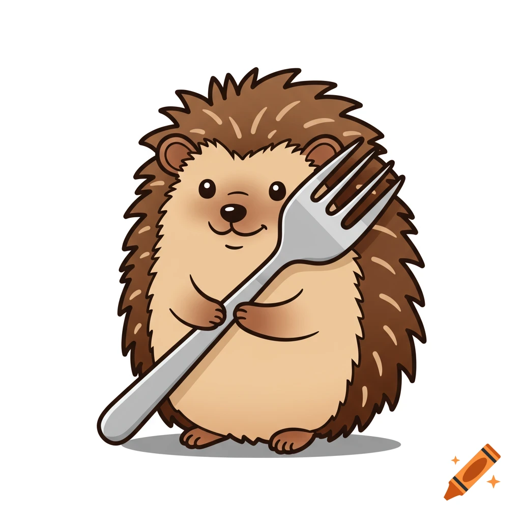 A cute cartoon hedgehog holds a large silver fork. on Craiyon
