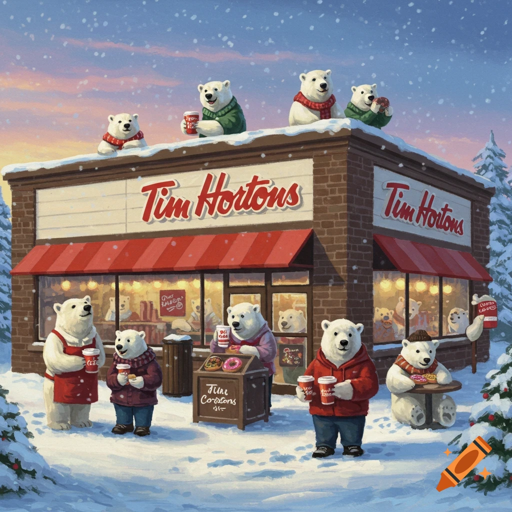 Illustration of polar bears at a Tim Hortons in the snow, drinking ...
