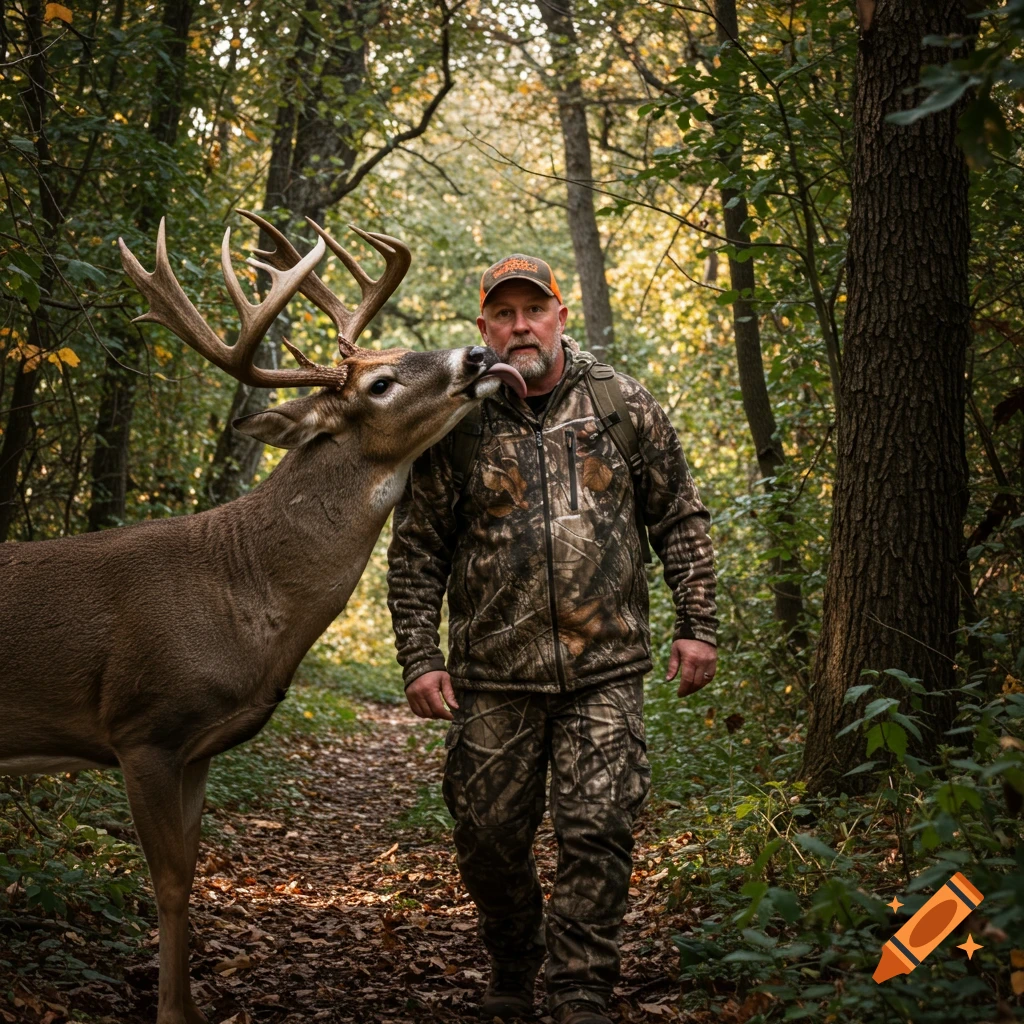 Deer licking hunter's cheek from behind on Craiyon
