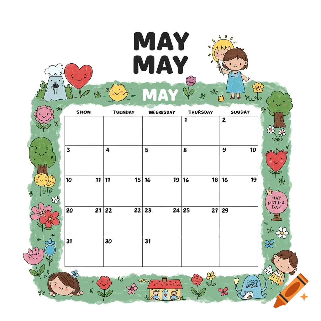 May preschool calendar with nature-themed clipart on Craiyon