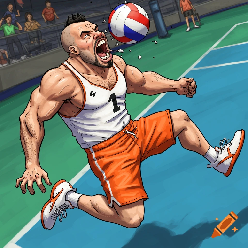 Cartoon man is hit in the face by a volleyball during a game. on Craiyon