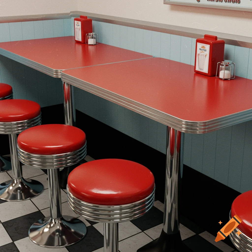 Red tables and stools in a retro diner with a checkerboard floor. on ...