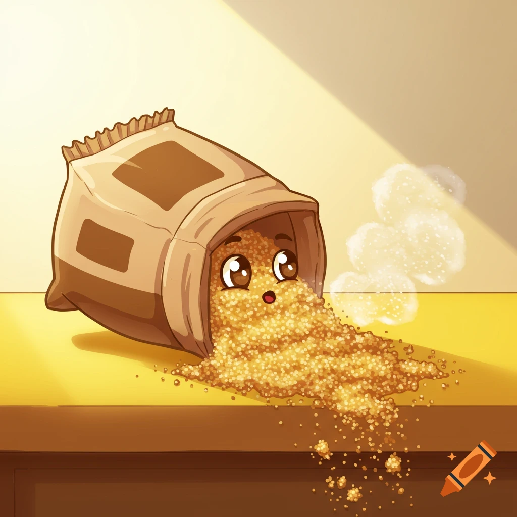 A cartoon brown sugar bag with a face spills sugar onto a table. on Craiyon