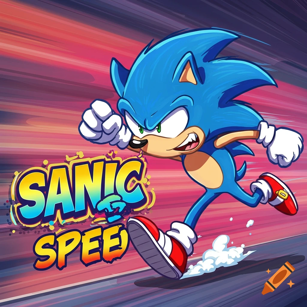 Cartoon of a distorted blue hedgehog running fast with the text 'SANIC ...