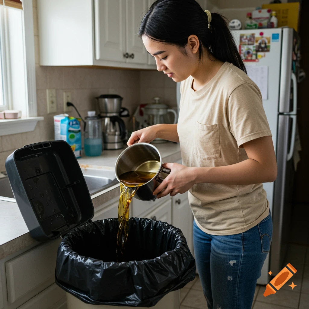 Person pouring used cooking oil into a trash can on Craiyon