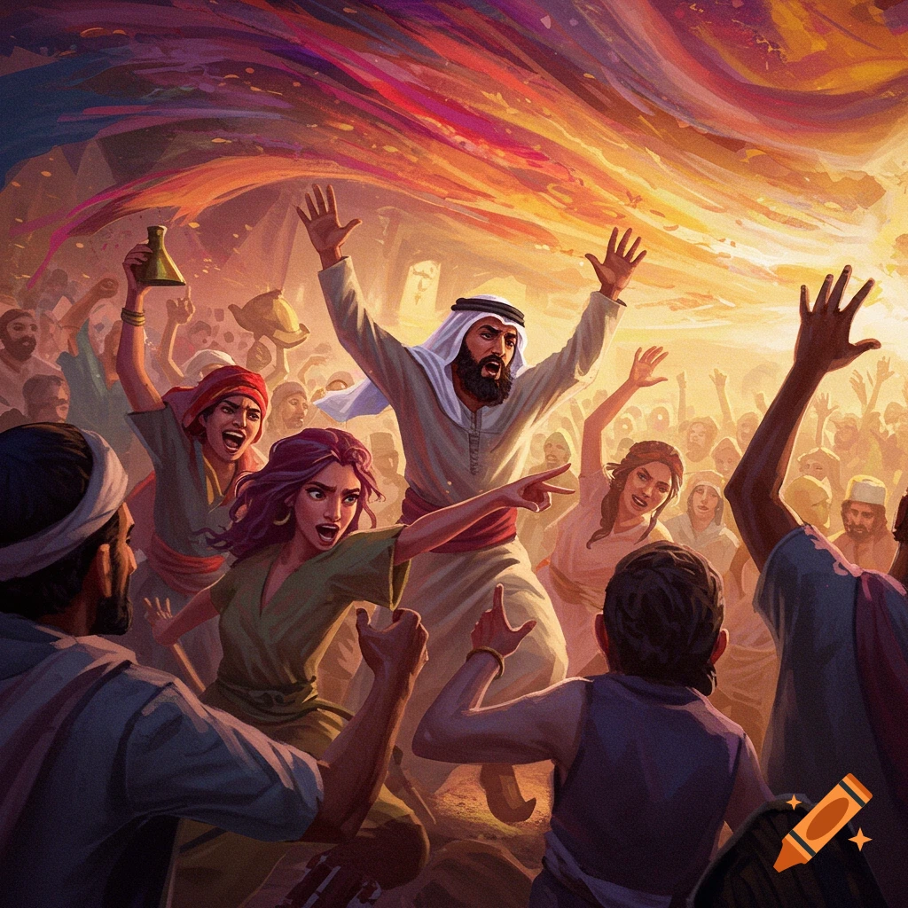 A large crowd of people in historical clothing react dramatically under ...