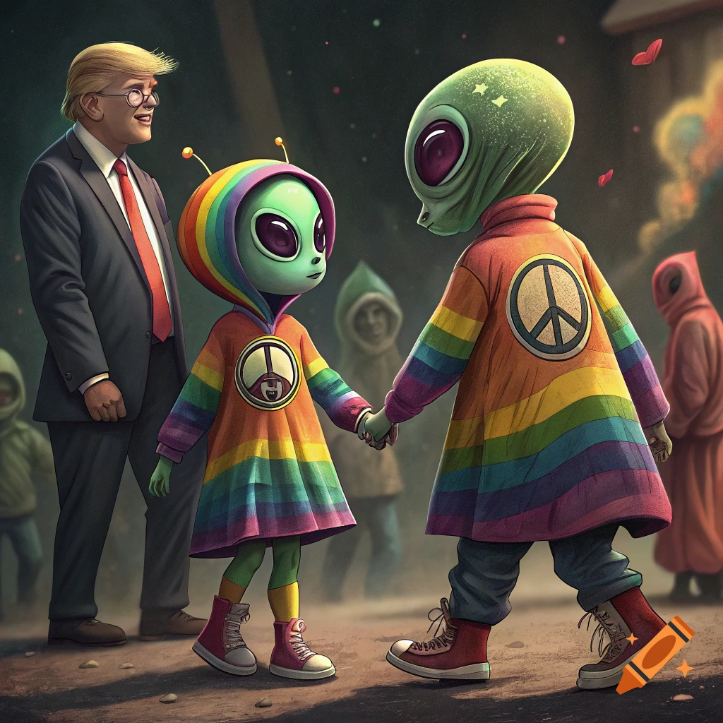 Two cartoon aliens in rainbow outfits holding hands stand next to a man ...