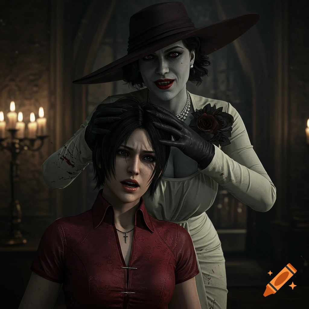 Photorealistic render of Lady Dimitrescu holding Ada Wong by the head ...