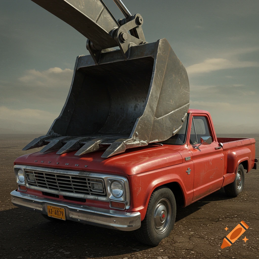 Photorealistic image of a red pickup truck with a large excavator ...