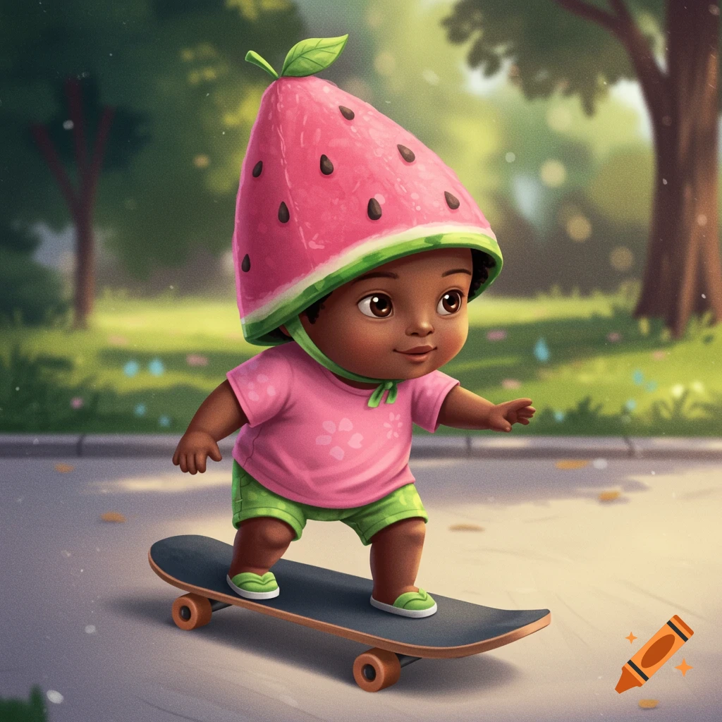 A cute cartoon baby wearing a watermelon hat and green shorts ...