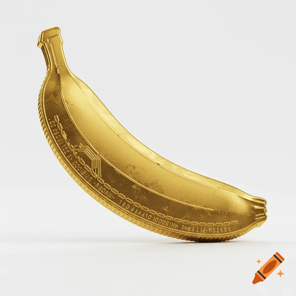A gold banana stylized as a coin with etched circuitry patterns. on Craiyon