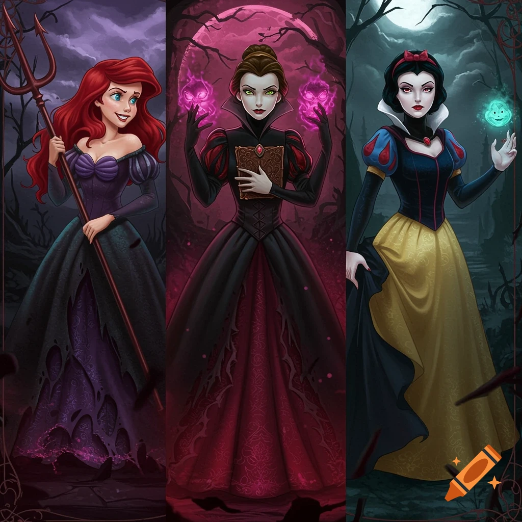Illustration of three Disney princesses reimagined as villains in a ...