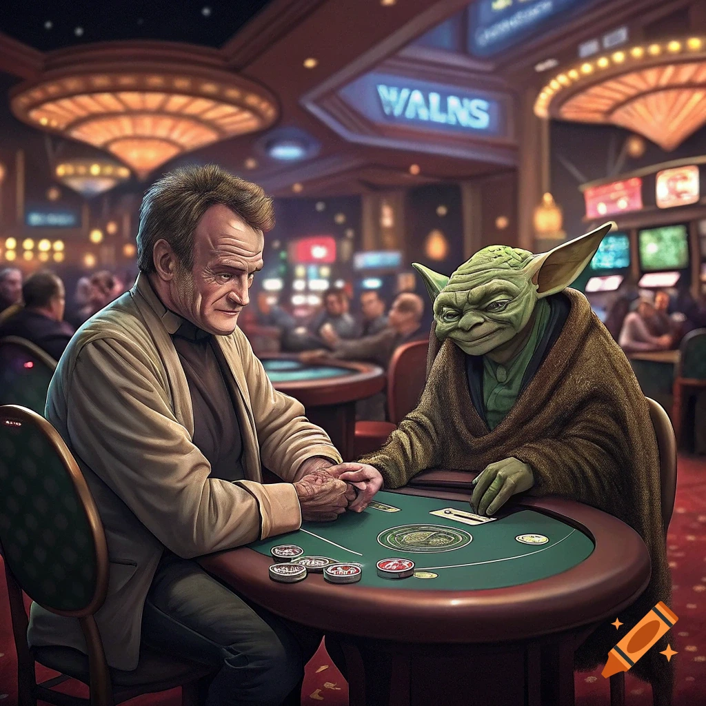 Robin Williams and Yoda play poker with burritos in Las Vegas on Craiyon