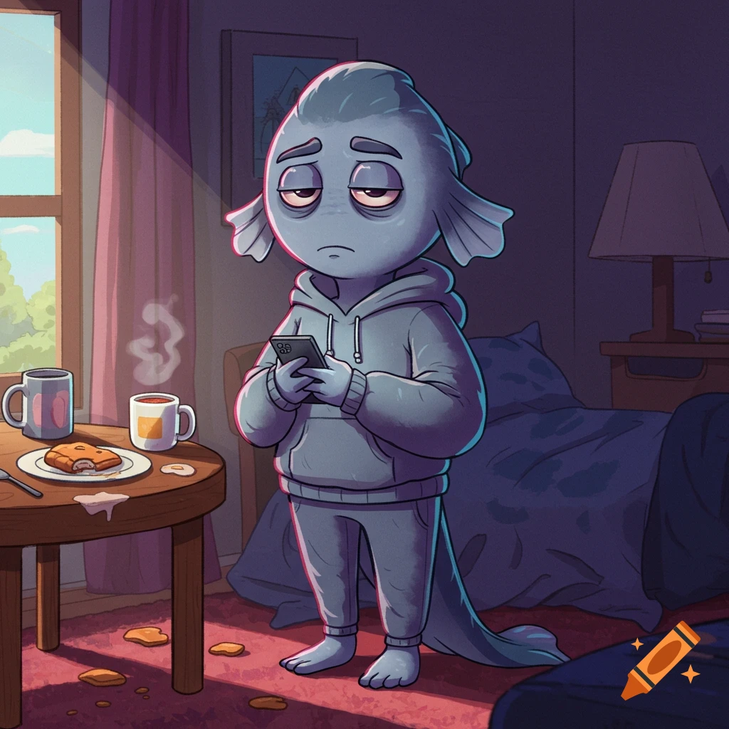 Cartoon fish character in hoodie checking phone in bedroom with ...