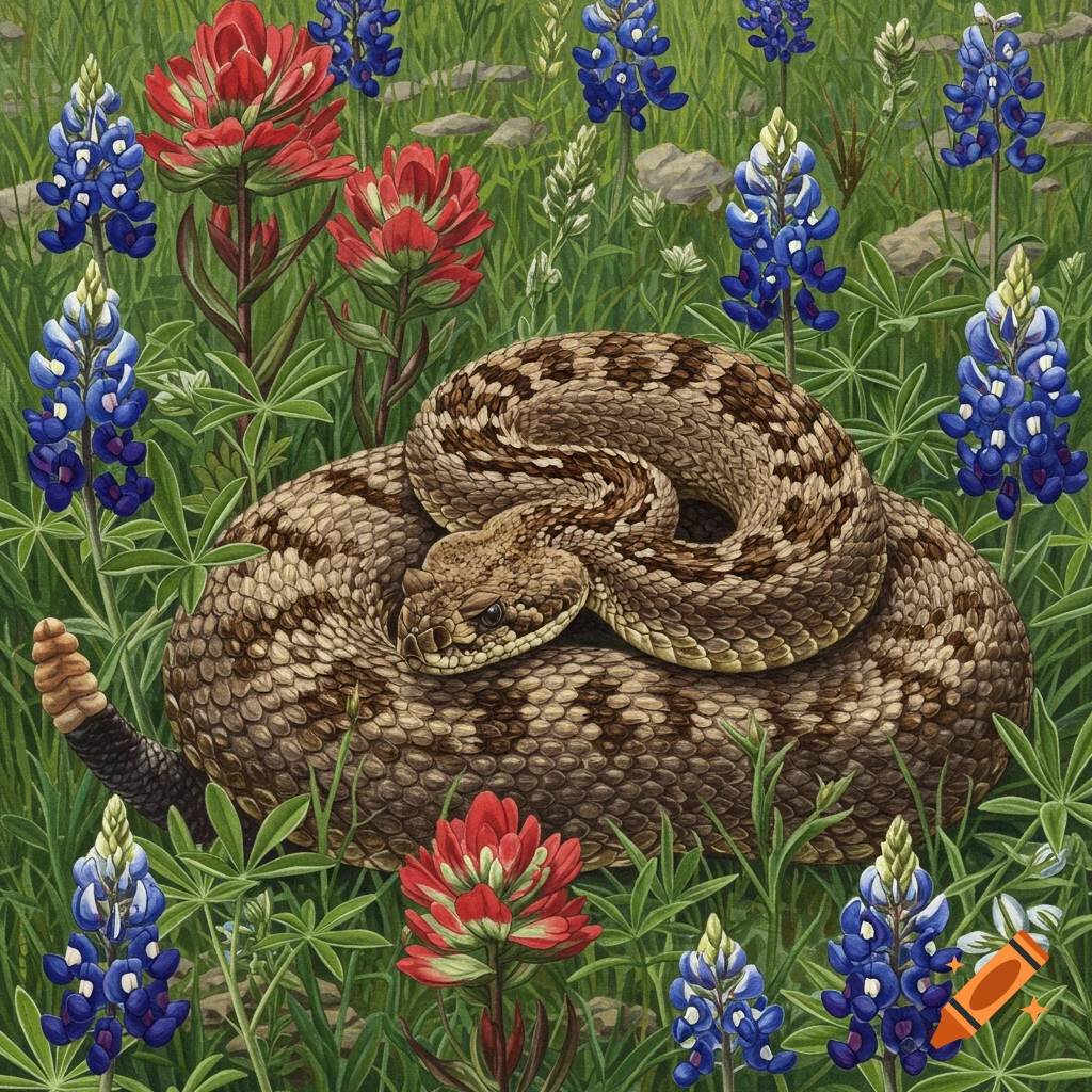Rattlesnake with bluebonnet and Indian paintbrush wildflowers on Craiyon