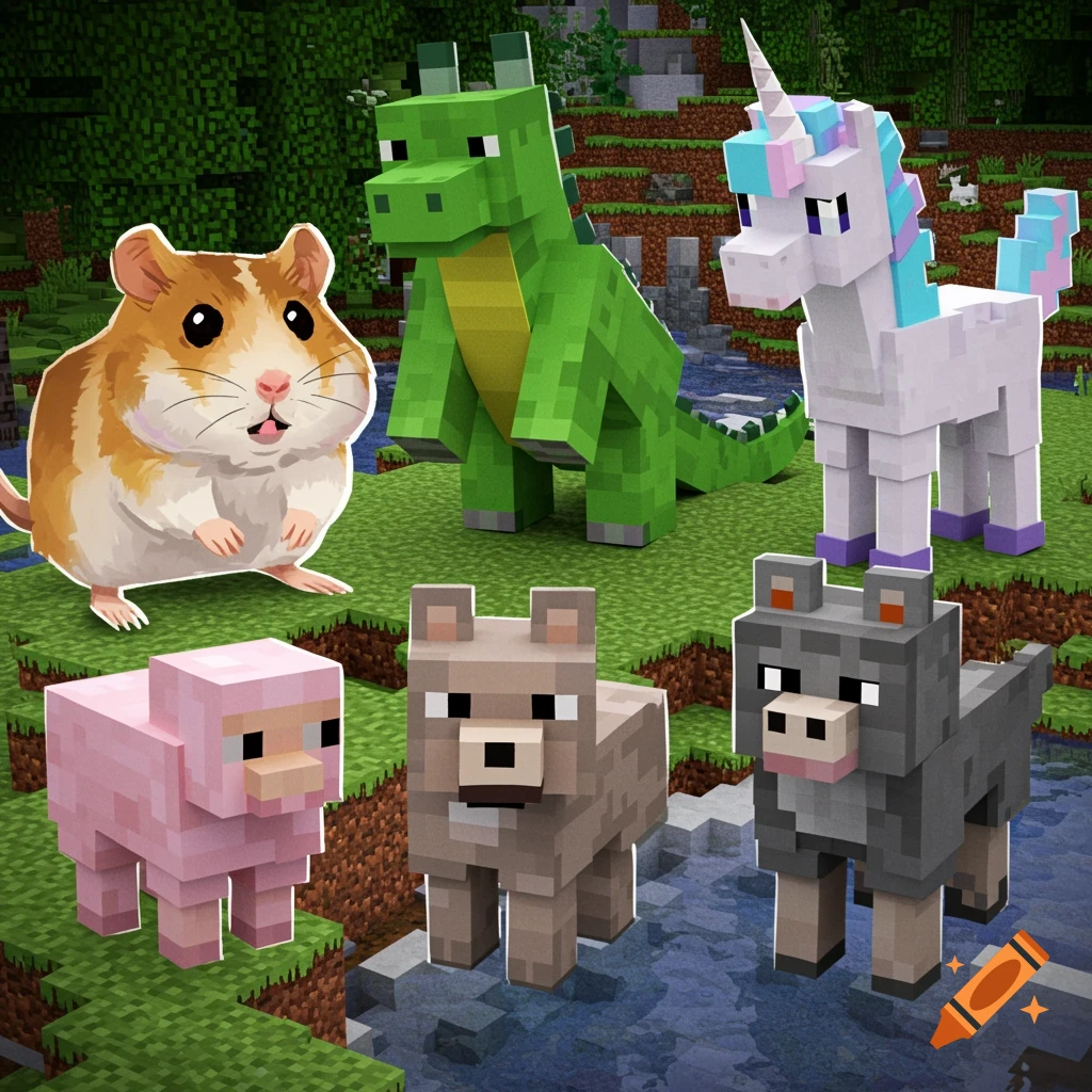 Minecraft pixel art of baby hamster, wolf, pink sheep, adult green ...