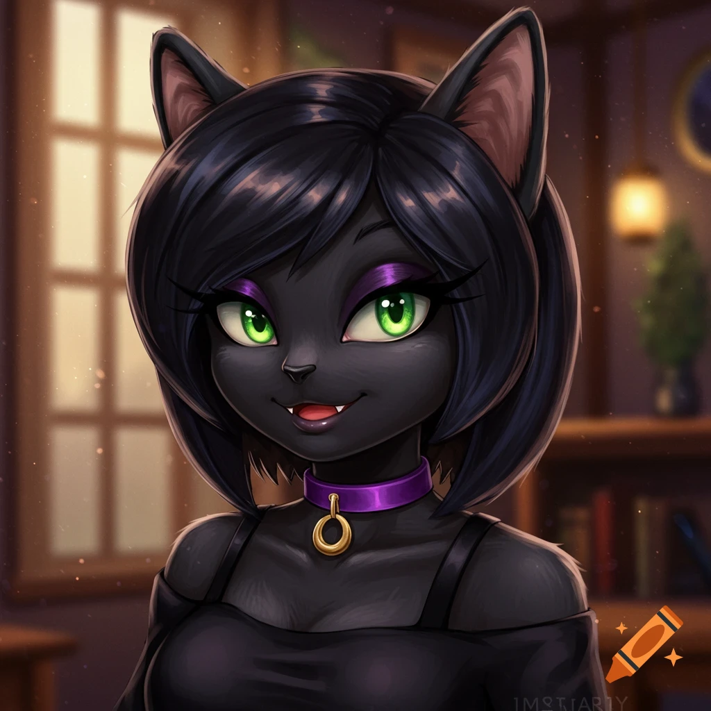 A stylized portrait of an anthropomorphic black cat character with ...