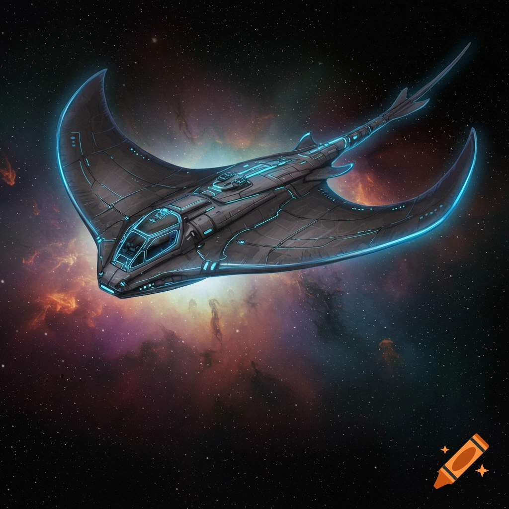 A futuristic spaceship resembling a stingray, glowing blue, flying through a colorful nebula in ...