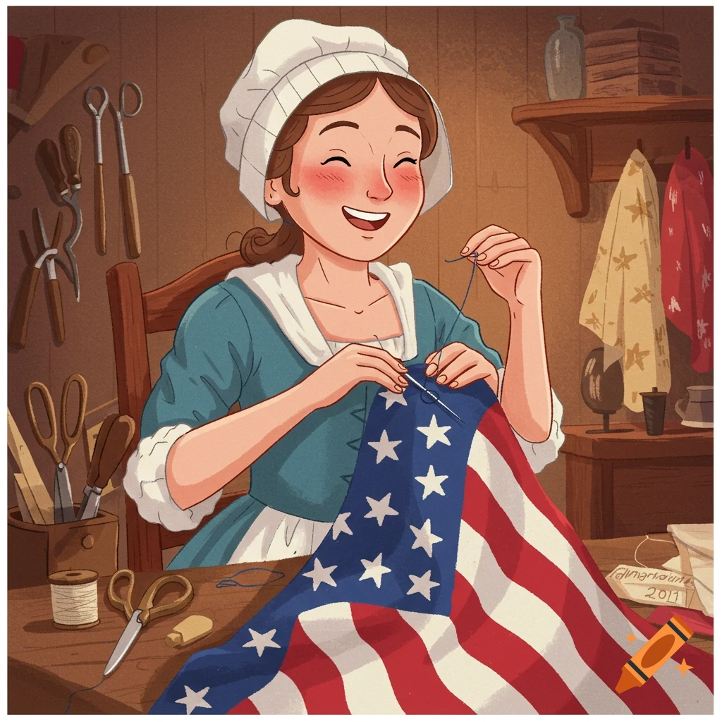 Cartoon illustration of a woman in colonial clothing sewing an American ...