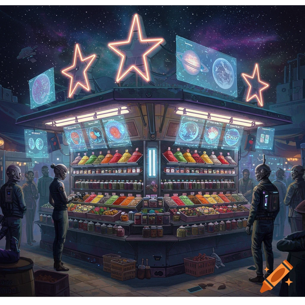 A futuristic spice market stand in space with customers browsing ...