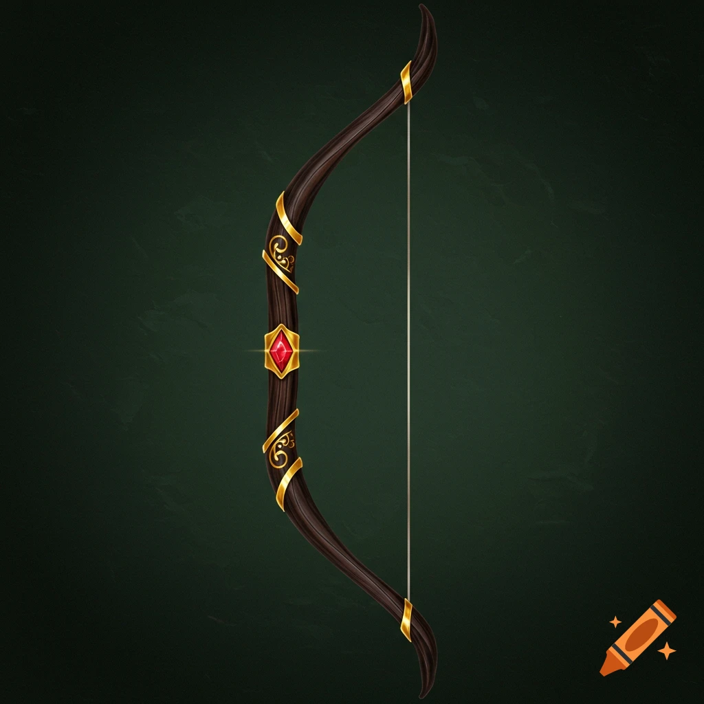 A dark wooden longbow with gold trim, gold spiraling threads, and a ...