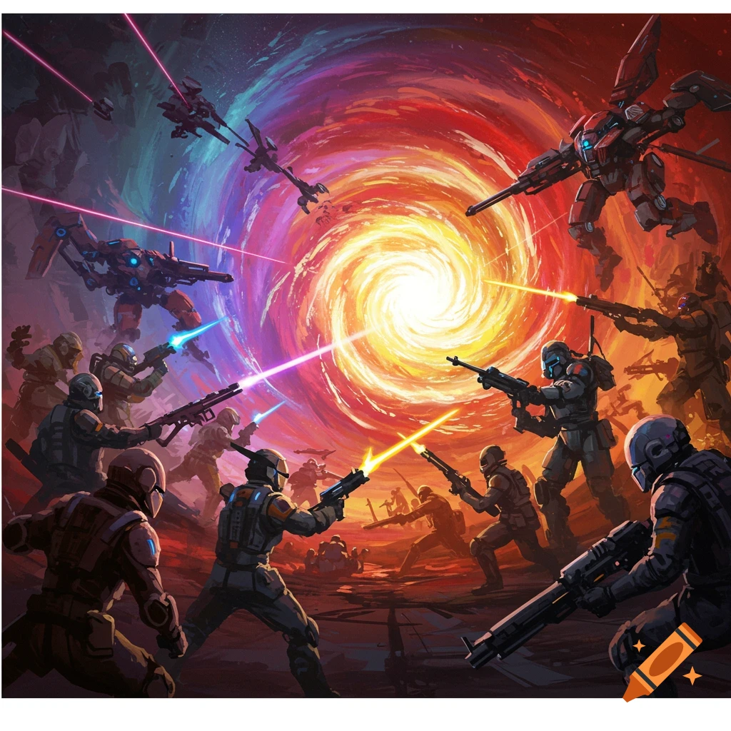 Sci-fi battle scene with soldiers, mechs, and ships fighting around a ...