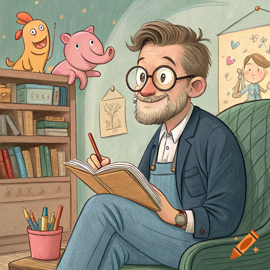 Children's illustration of a man writing in a book with cartoon ...