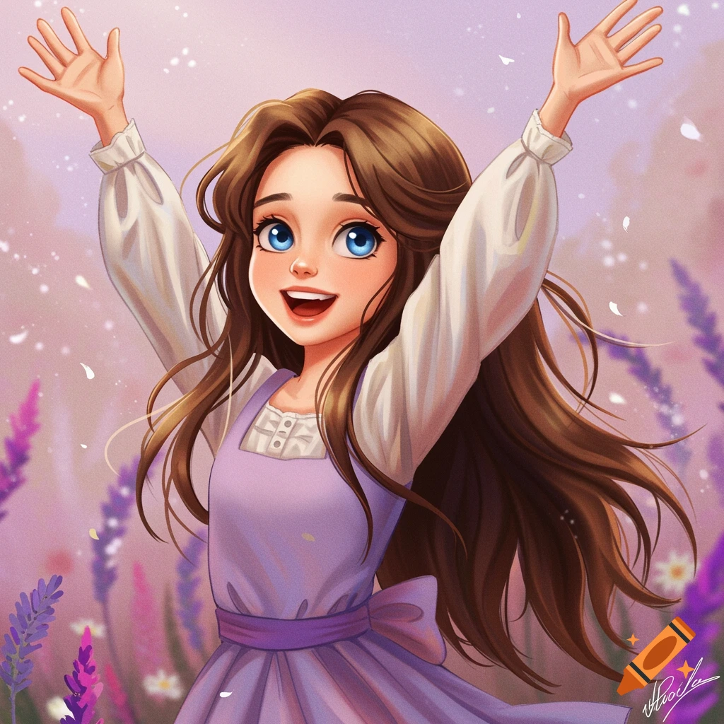 Cartoon illustration of a girl with hands raised in a lavender field ...