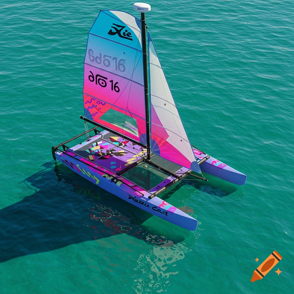 A Hobie Cat catamaran with colorful 80s-themed design floating on the ...