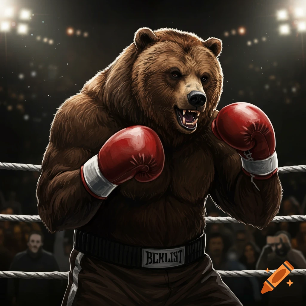A muscular brown bear in boxing gloves and shorts stands in a ring ...