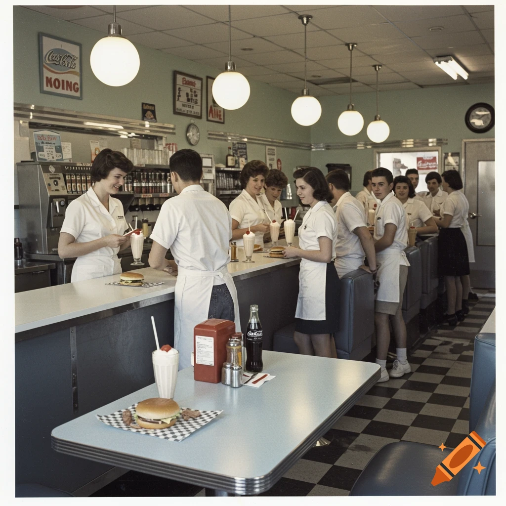 A vintage photo of people inside a 1950s diner or malt shop with ...