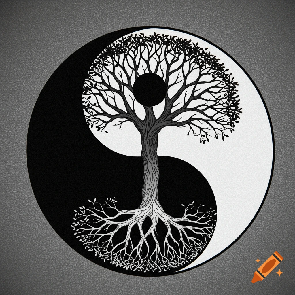 Yin yang with tree of life in black and white on Craiyon