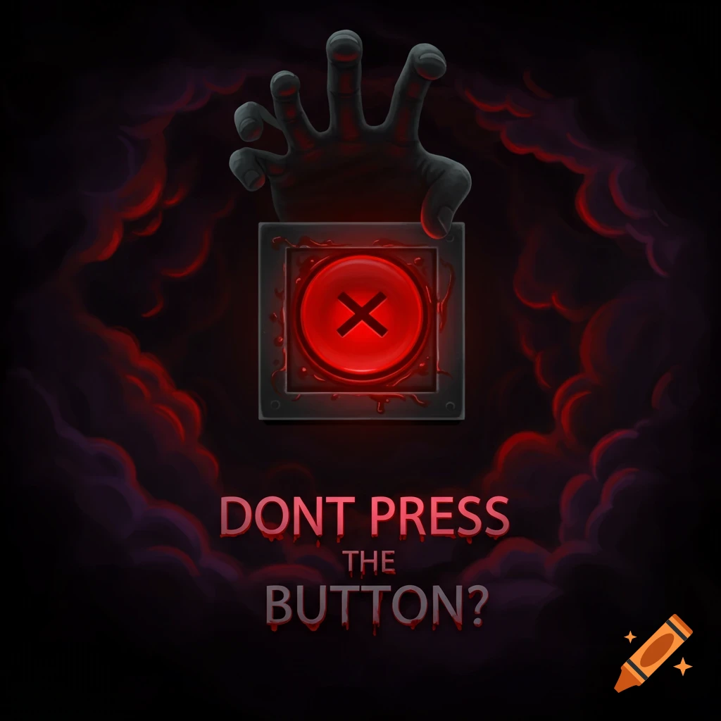A creepy hand reaches for a glowing red button with an X, surrounded by ...