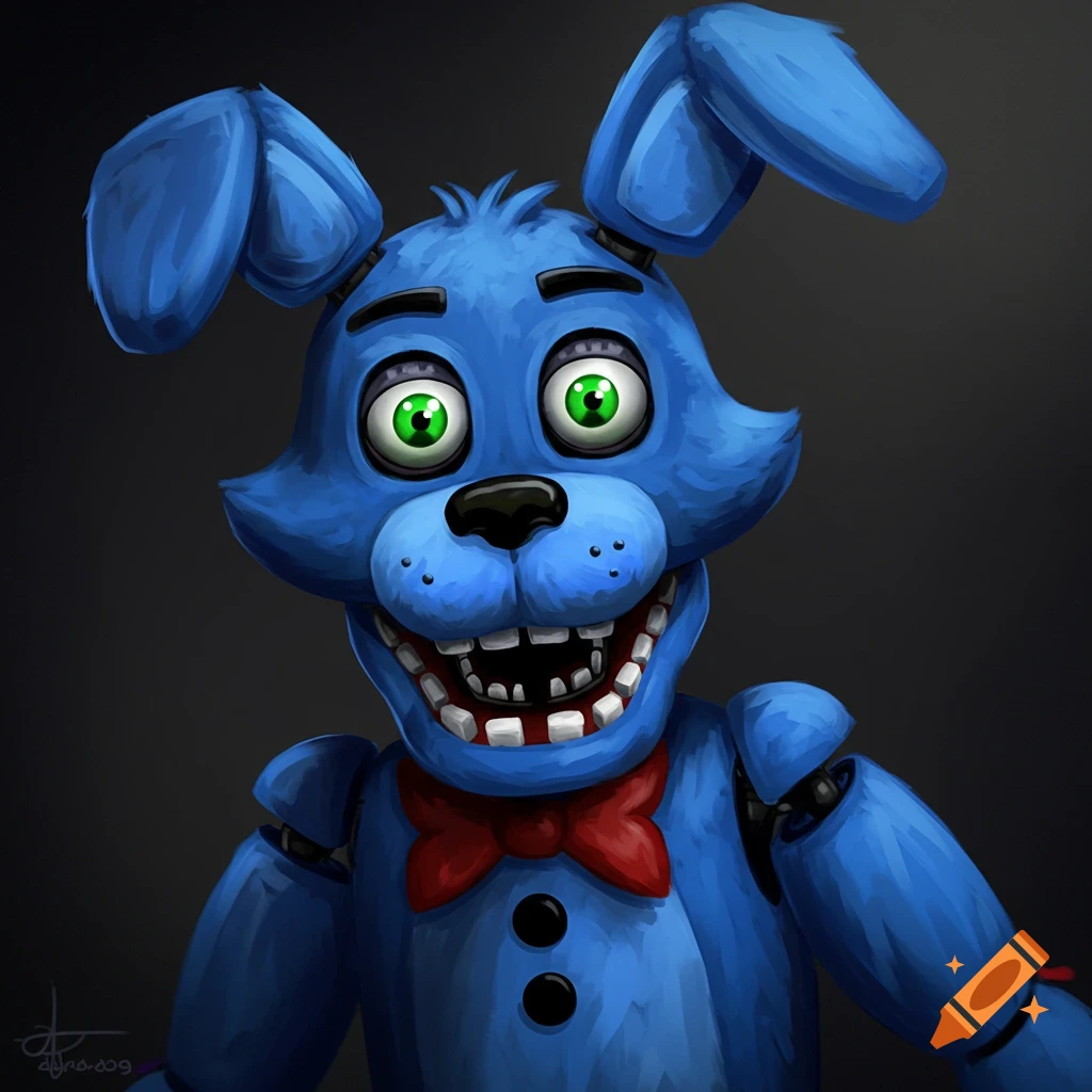 Close-up portrait of a blue animatronic fox with glowing green eyes and ...