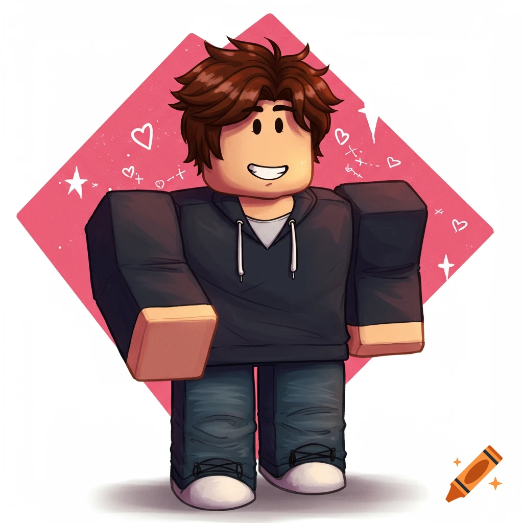 A Roblox character in a purple hoodie stands against a pink and purple ...