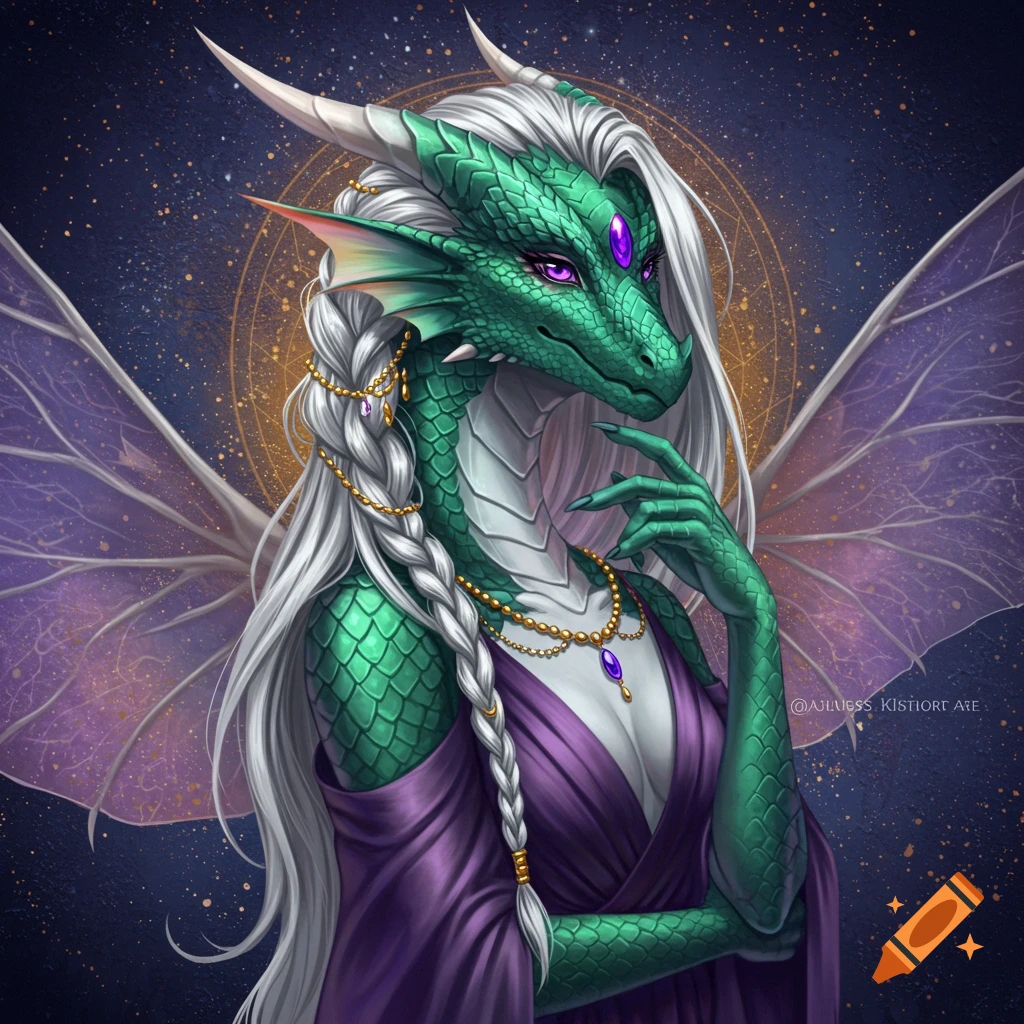 A purple and green dragon surrounded by sparkling magic and flowers. on Craiyon