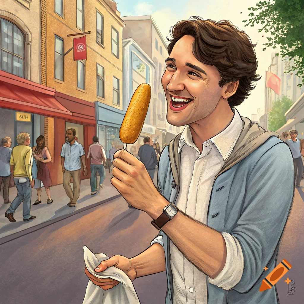 Illustrated image of a man eating a corn dog on a busy street. on Craiyon