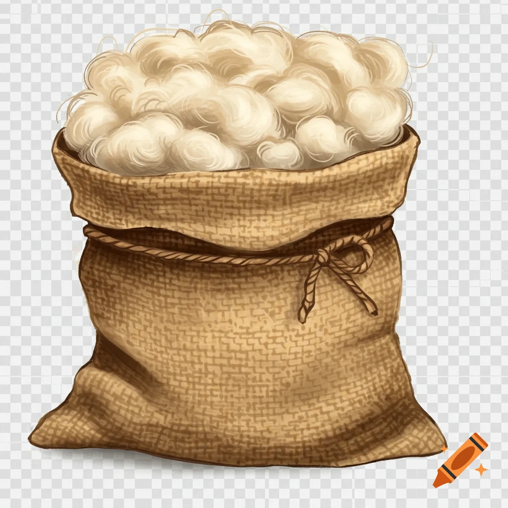 A rustic burlap sack filled with white fluff, like wool or cotton, on a ...