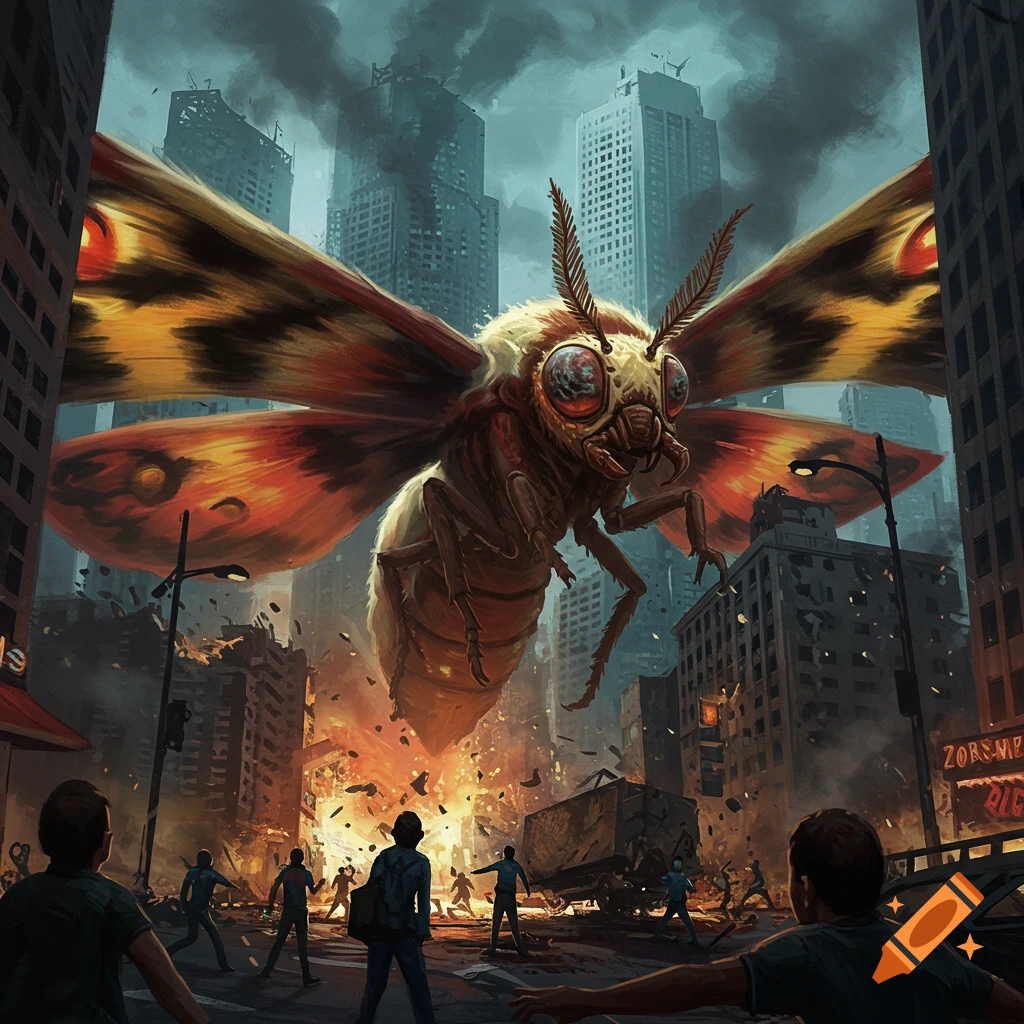 Titan moth destroying a city on Craiyon