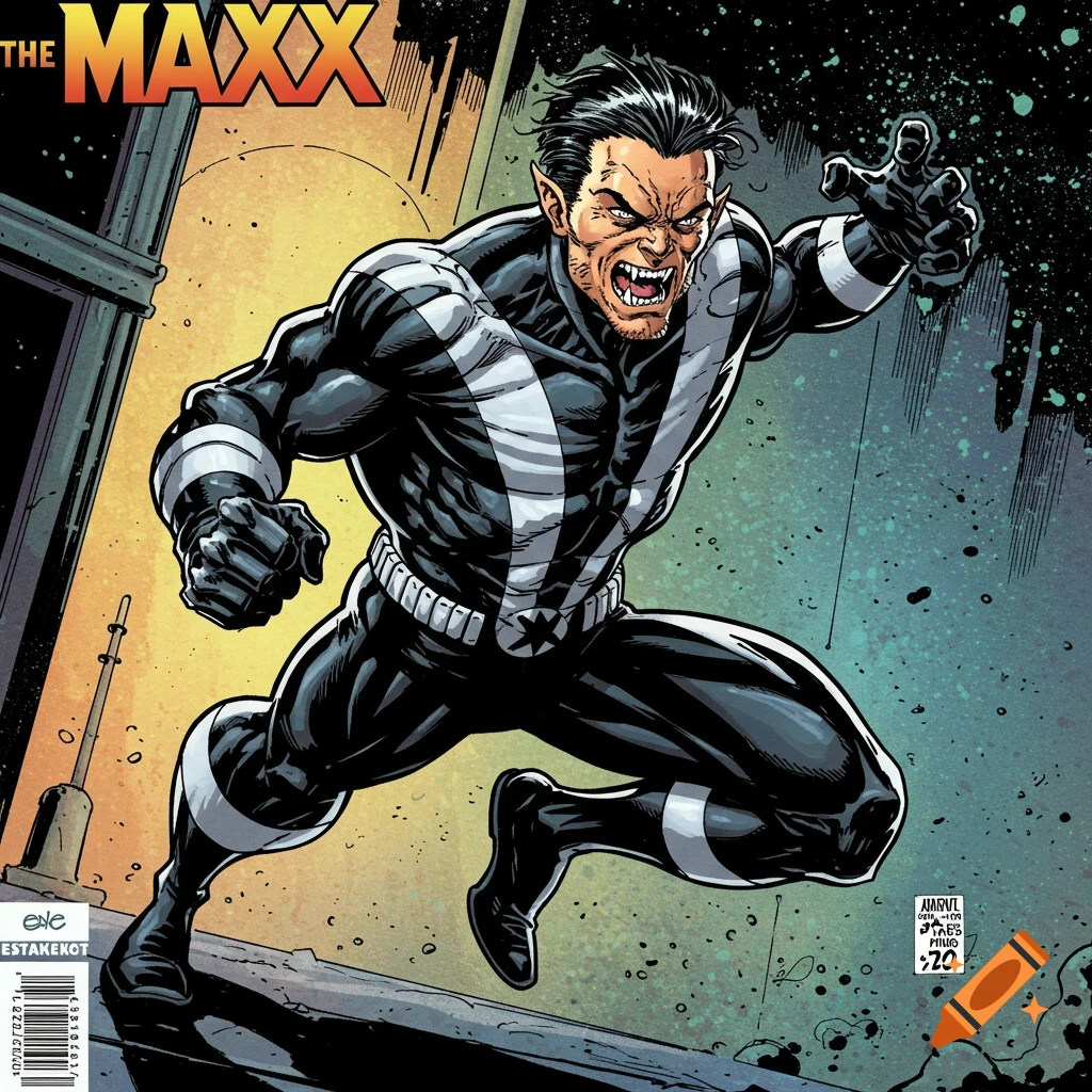 Comic book illustration of The Maxx, a muscular man with fangs in a ...