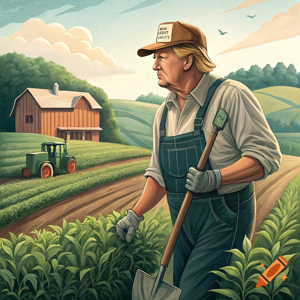 Illustration of Donald Trump dressed as a farmer, holding a shovel in a ...
