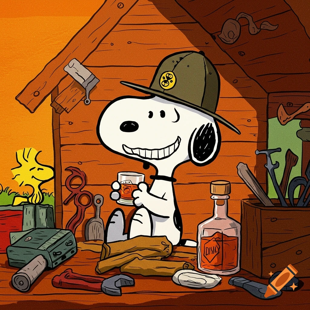 Snoopy drinking alcohol in a dog house, wearing a drill sergeant hat on ...