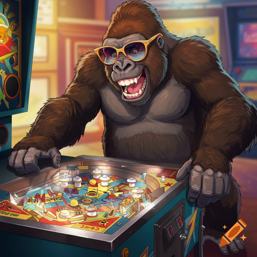 Illustration of a gorilla playing a pinball machine in a jungle. on Craiyon