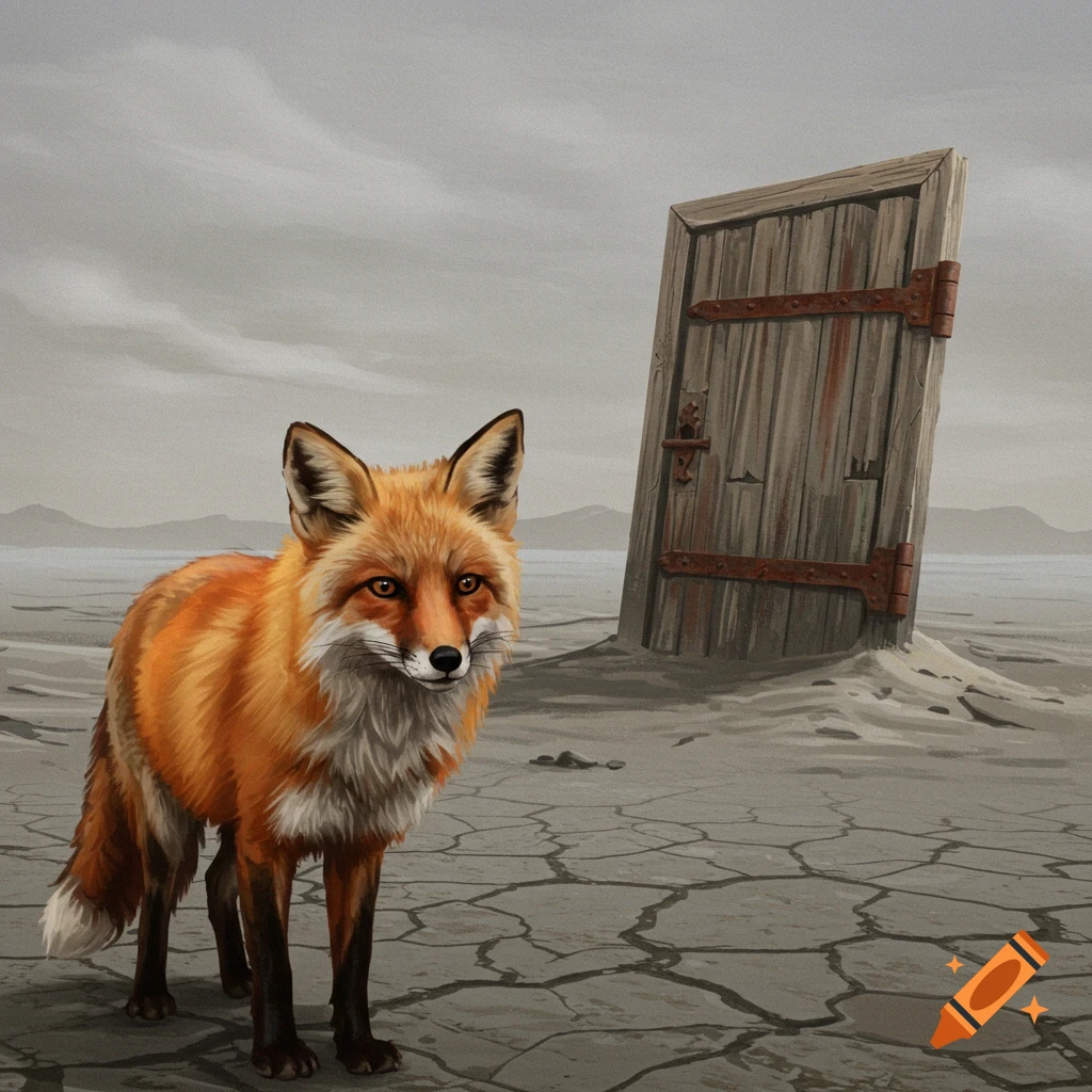 An illustration of a fox standing in a cracked wasteland next to a ...