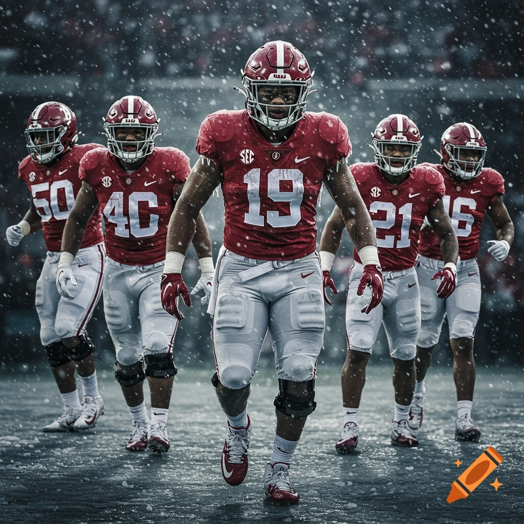 American football players in red and grey uniforms on a stadium field ...