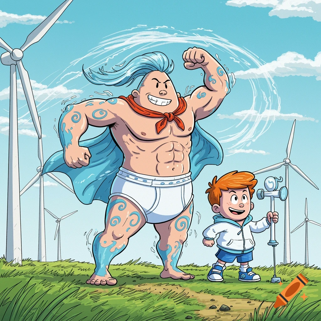 Captain Underpants as wind power hero with Winderful Boy on Craiyon